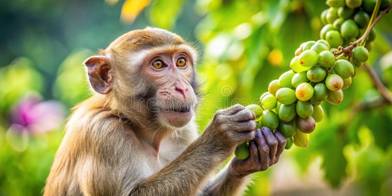 A Monkey Eating Grapes Behind Him are the Leaves of a Grape Tree AI ...