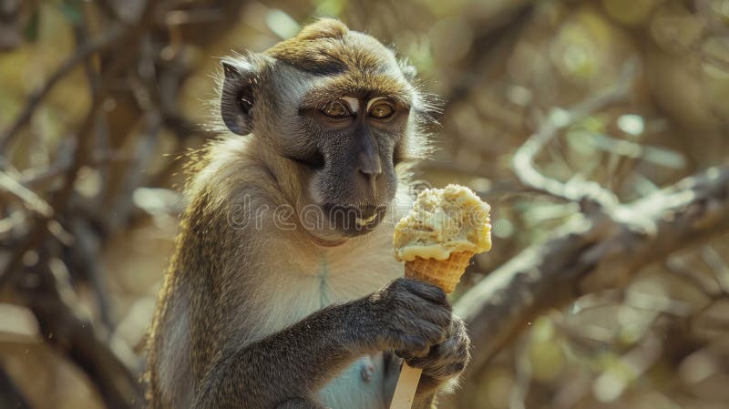 Monkey Eating Ice Cream in Park Stock Photo - Image of thailand, tree ...