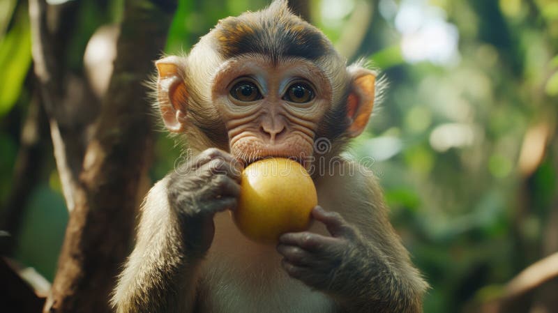 A Monkey Eating a Piece of Fruit in the Jungle, AI Stock Image - Image ...