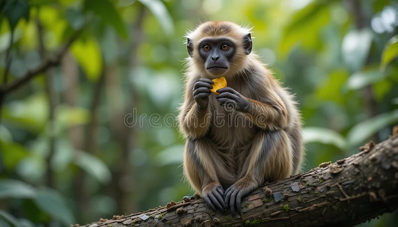 Monkey Eating Snack Sitting on Branch in Green Jungle Setting Stock ...