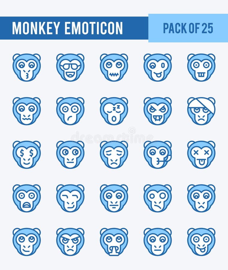 25 Monkey Emoticon. Two Color Icons Pack. Vector Illustration Stock ...