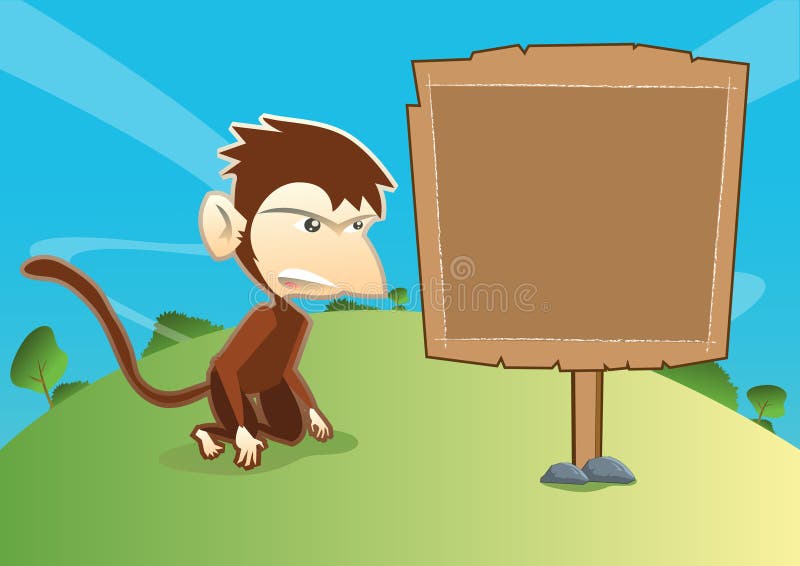 Monkey with Empty Wooden Signboad Stock Vector - Illustration of black ...