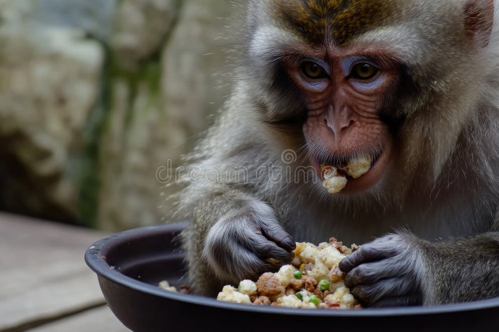 A Monkey Enjoying Its Meal from a Bowl Stock Photo - Image of monkey ...