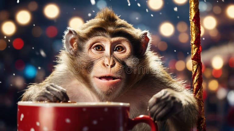 Adorable Monkey Enjoying a Warm Drink on a Snowy Christmas Eve Stock ...