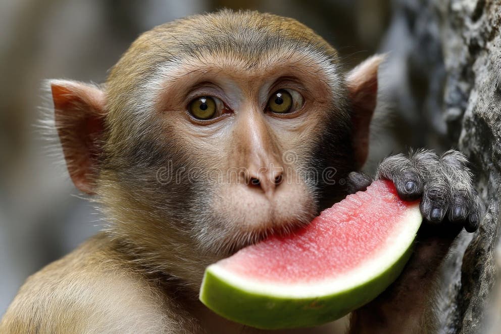 Monkey Enjoying Watermelon Slice Outdoors Close-up Stock Image - Image ...