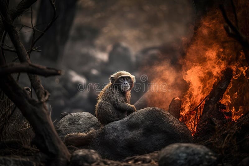 Monkey Exhausted in the Midst of Wildfires and Smoke. Wildlife Animals ...