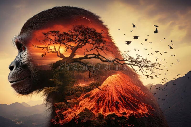 Monkey and the Explosion of Forest Burned Stock Illustration ...