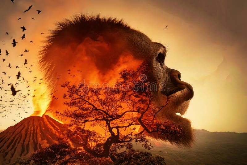 Monkey and the Explosion of Forest Burned Stock Illustration ...