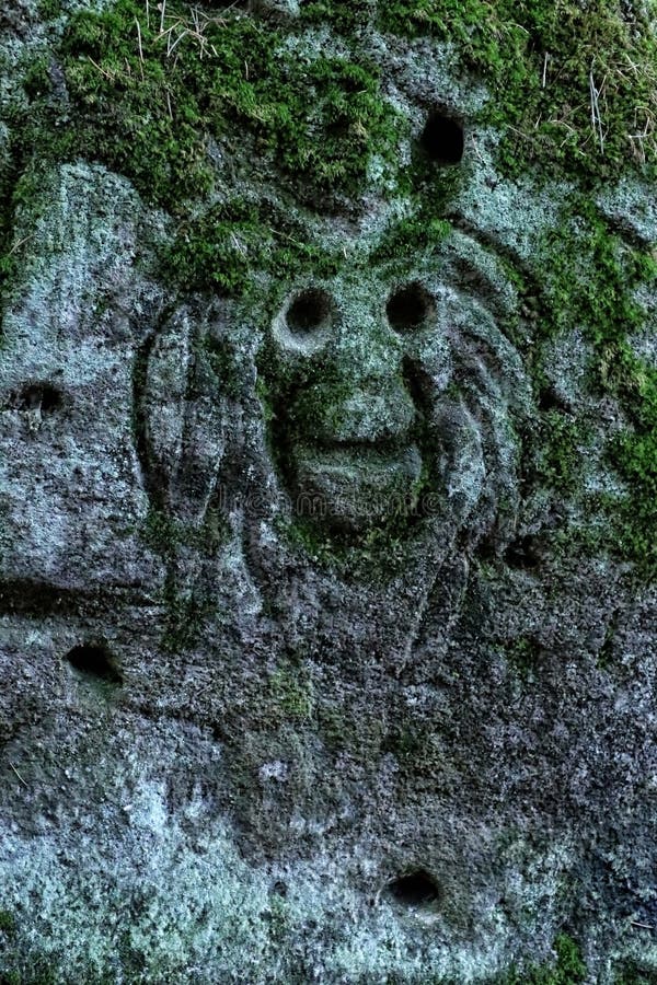 Monkey Face Engraved To Old Rock Covered by Green Moss Stock Image ...