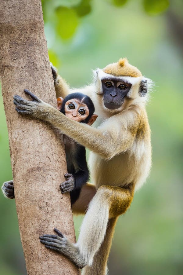 Monkey Family Hugging on Tree in Asian Rainforest Stock Image - Image ...