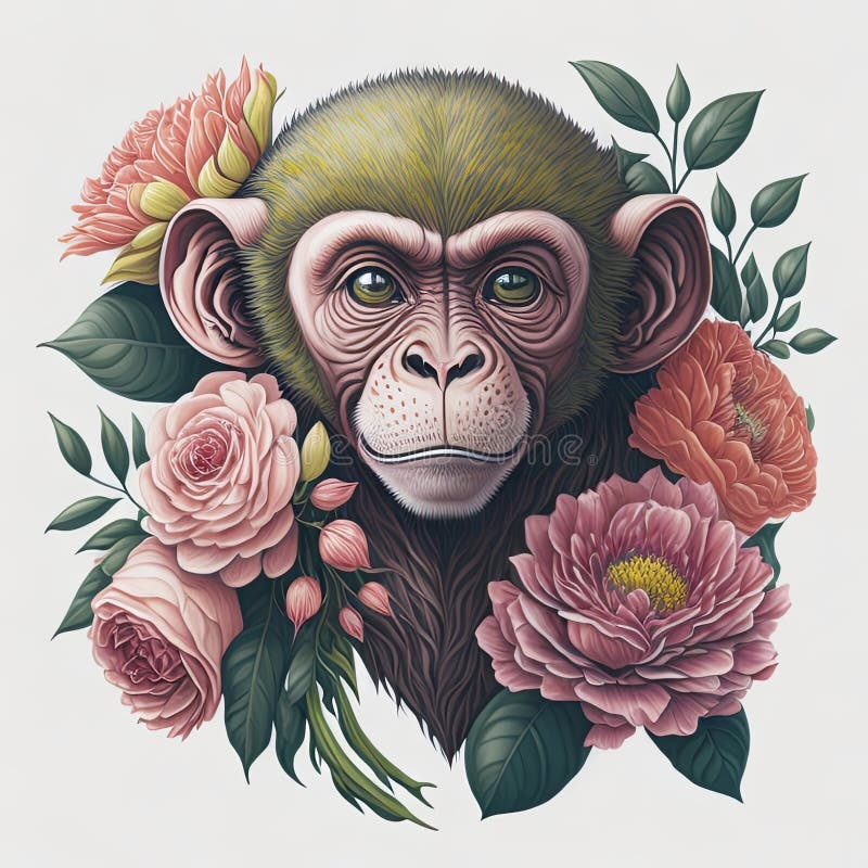 Monkey with Flowers and Leaves. Stock Illustration - Illustration of ...