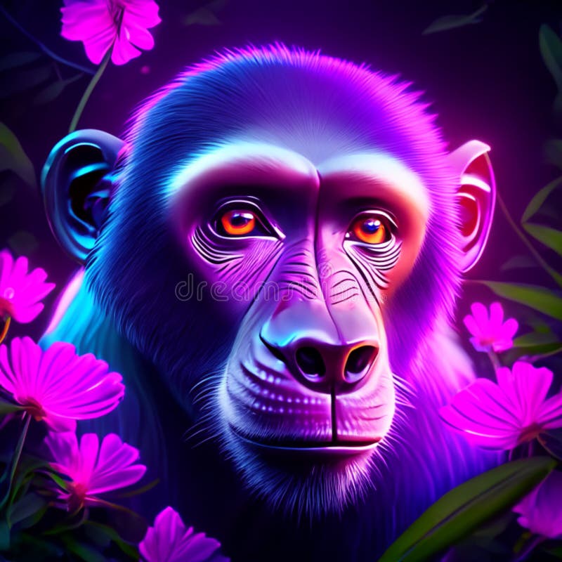 Monkey and Flowers. Vector Illustration in Neon Style. Template for ...