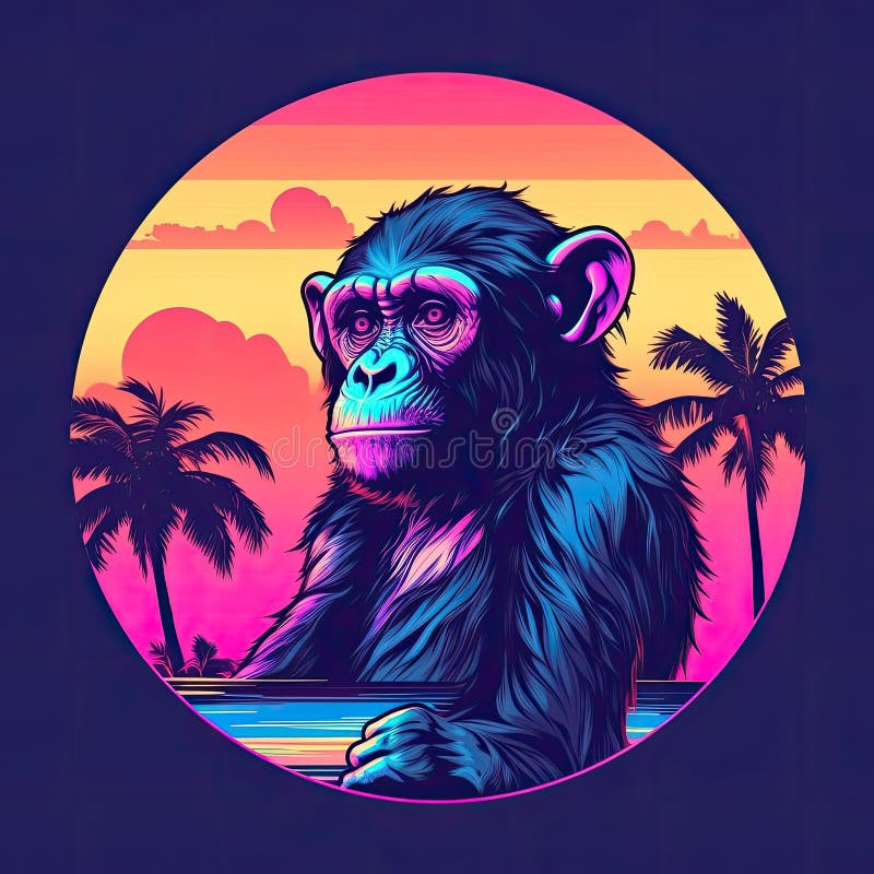 Monkey in Neon Colors Against the Sunset Sunset Scene with Vaporwave ...