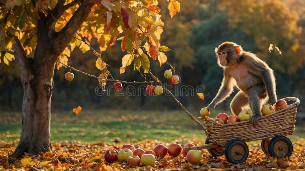 Autumnal Monkey Harvesting Apples in a Wheelbarrow Stock Illustration ...