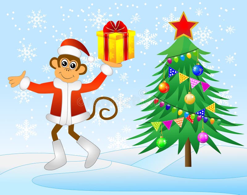 Monkey with Gift and Decorated Christmas Tree Stock Vector ...