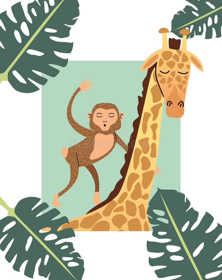 Monkey and Giraffe Animal Wild with Leafs Stock Vector - Illustration ...