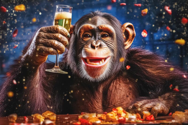 Monkey with a Glass of Champagne, Merry Christmas Card. Stock ...