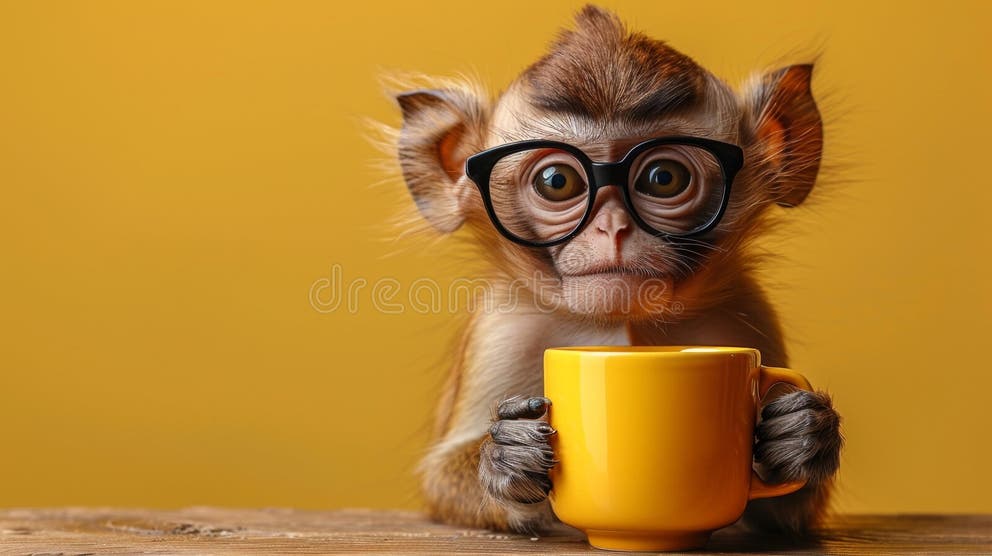 A Monkey with Glasses Holding a Yellow Cup of Coffee, AI Stock Image ...