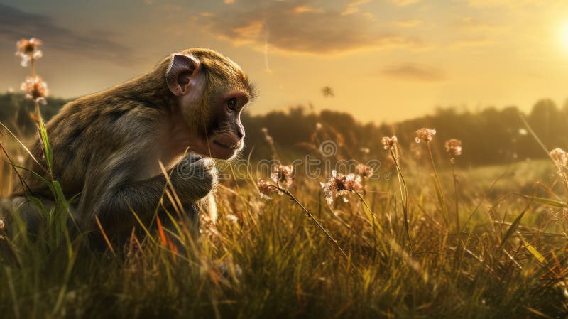 Monkey Grazing in a Field at Sunset Stock Illustration - Illustration ...