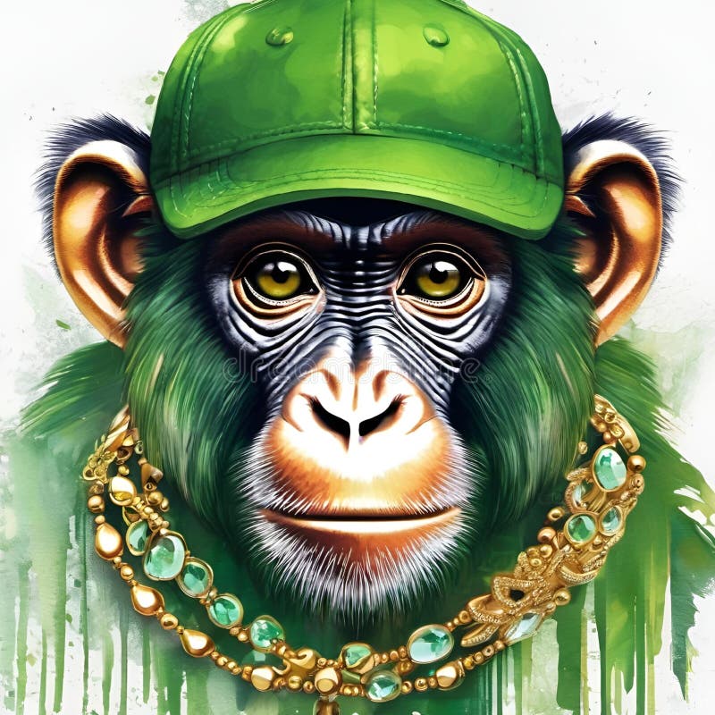 Monkey in Green Hat and Chain Necklace on White Background with Spray ...