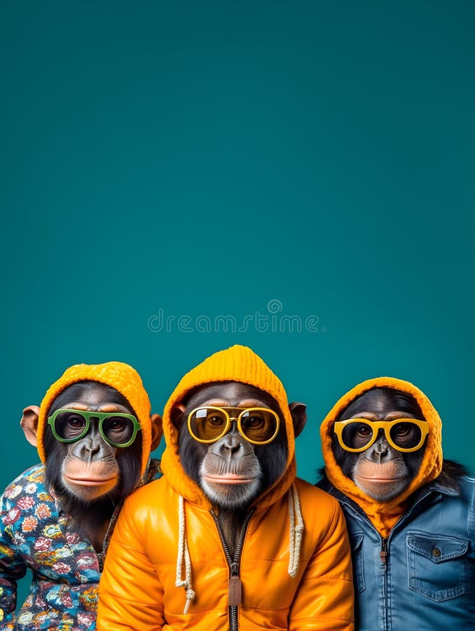 Monkey in a Group, Vibrant Bright Fashionable Outfits Isolated on Solid ...