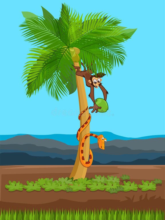 Monkey Hanging on Coconut Tree Stock Vector - Illustration of cartoon ...