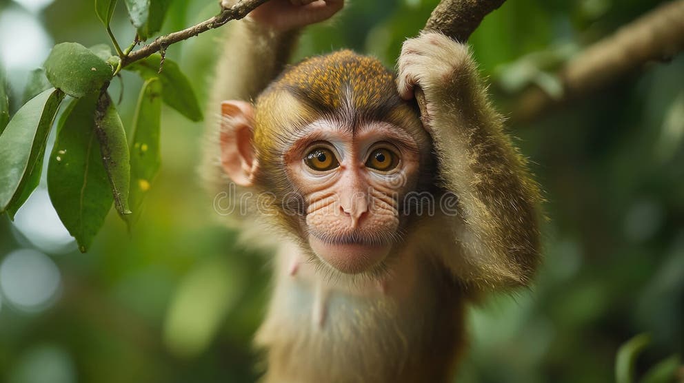 A Monkey is Hanging from a Tree Branch, Ready To Jump or Play Stock ...
