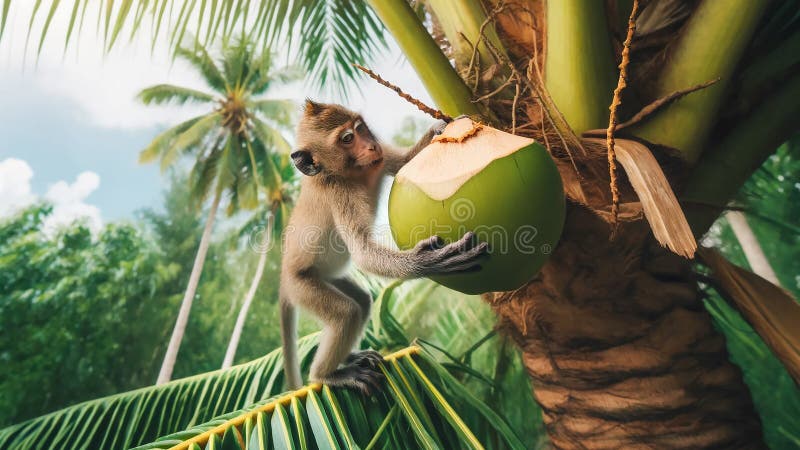 Monkey Harvesting a Coconut. the Monkey is Climbing a Coconut Palm Tree ...