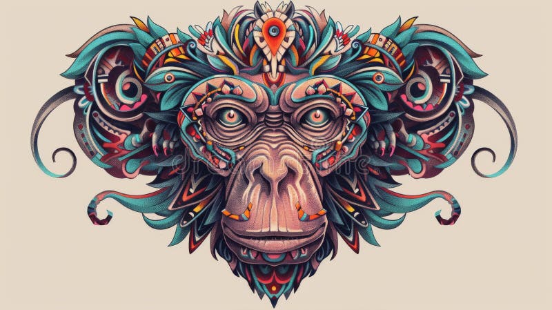 Monkey Head with Tribal Designs in Simple Line Art. Stock Illustration ...