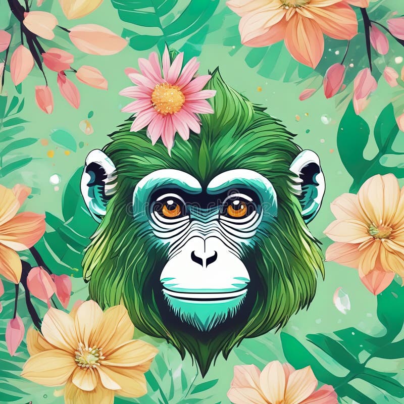 Monkey Head with Flowers. Hand Draw Illustration Monkey Head with ...