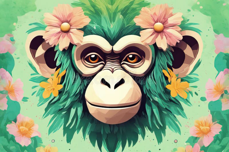 Monkey Head with Flowers and Leaves. Vector Illustration Stock Photo ...