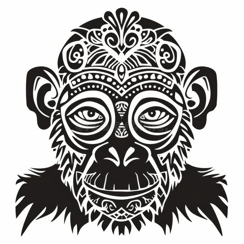 Monkey Head Silhouette Adorned with Intricate Tribal Patterns. Stock ...
