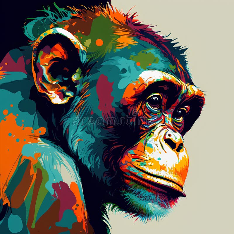 Colorful Chimpanzee Painting with Abstract Shapes and Serene Faces ...