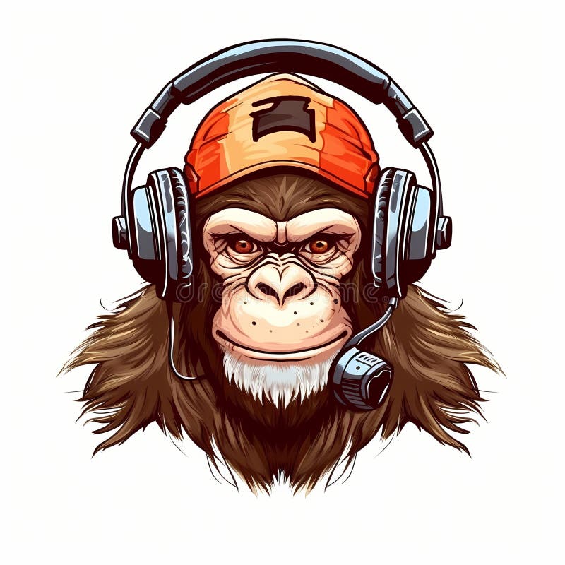 Monkey Wearing Headphones and a Cap with a Headset Stock Illustration ...