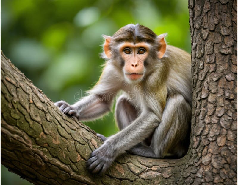 Monkey Hiding Behind Tree Blank Stare Stock Illustration - Illustration ...