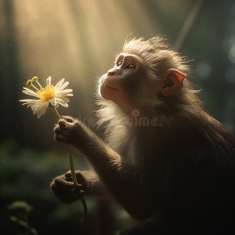 A Monkey Holding a Beautiful Wildflower. Stock Illustration ...