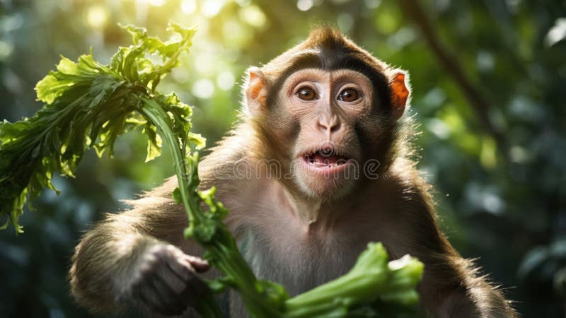Adorable Baby Monkey Eating Green Leaves in Sunlight Stock Illustration ...