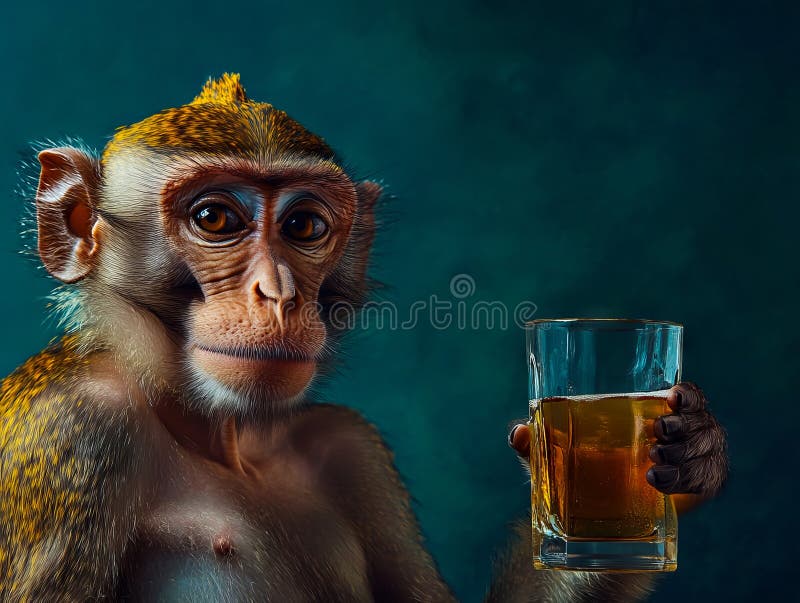 A Monkey Holding a Glass of Beer in Its Hand Stock Photo - Image of ...