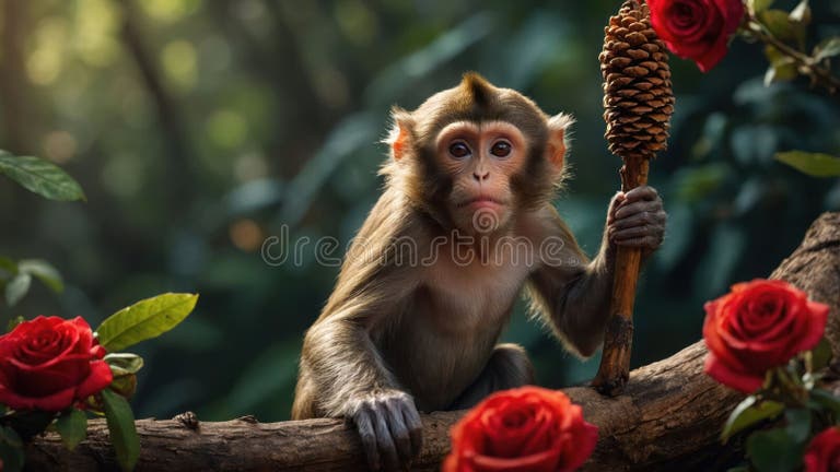 Adorable Baby Monkey Holding Pine Cone Amidst Red Roses Stock ...