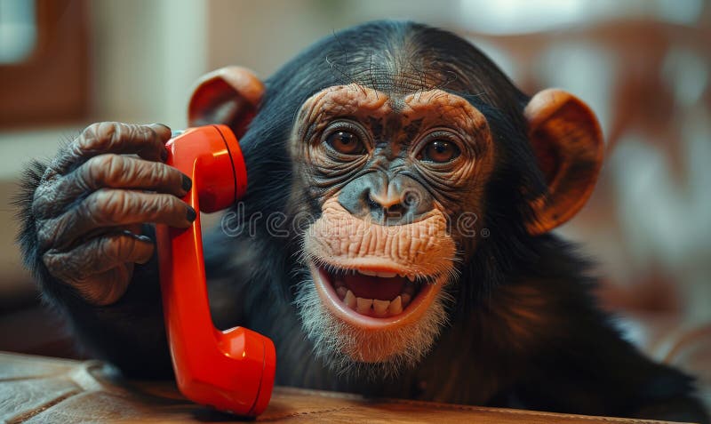 A Monkey is Holding a Red Phone and Smiling. Concept of Playfulness and ...