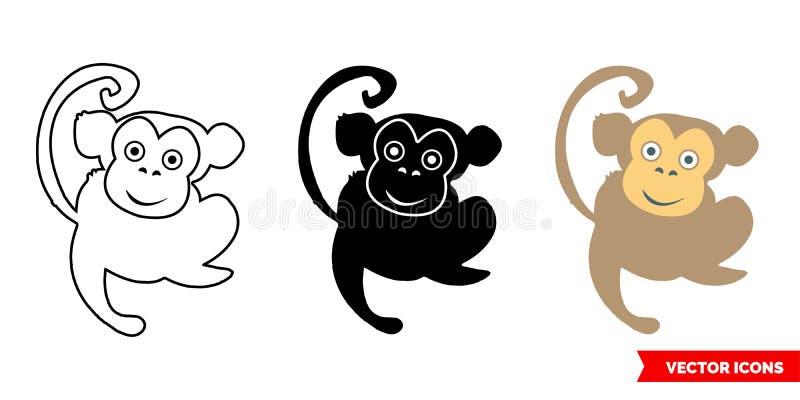 Monkey Icon of 3 Types Color, Black and White, Outline. Isolated Vector ...