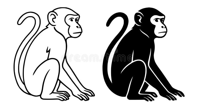 Monkey Illustration, Black and White, Outline and Silhouette Versions ...