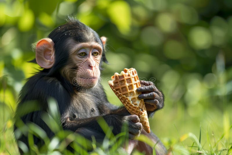 Monkey Infant with a Waffle Cone in a Bright Sunny Glade Stock Image ...