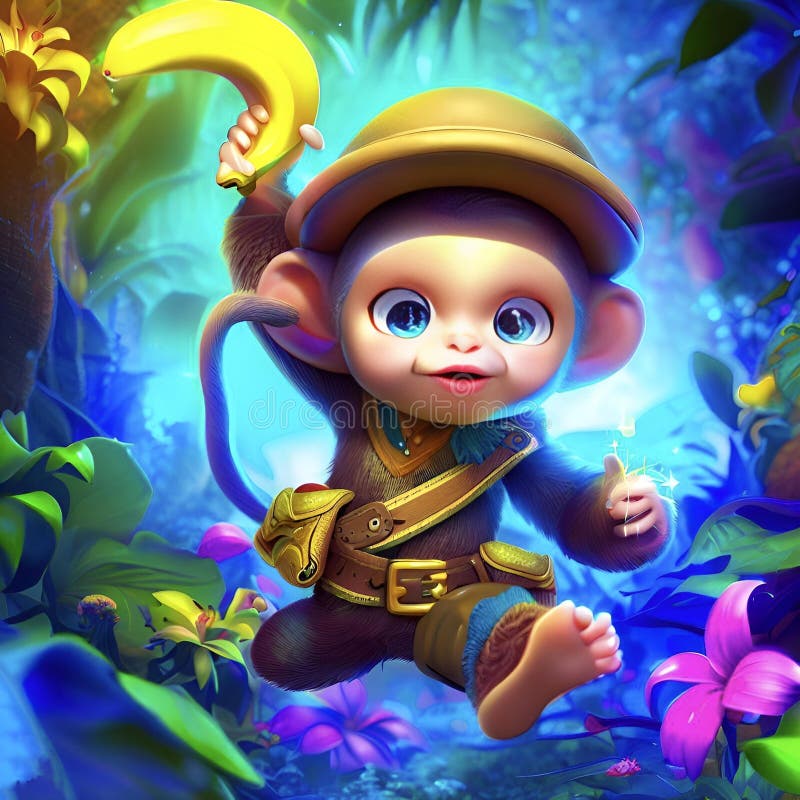 Monkey on Its Journey in Magical Jungle with Magical Banana Stock ...