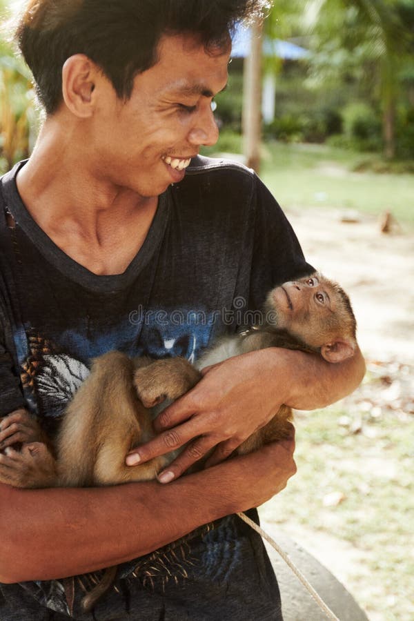 Monkey Keeper- Thailand. a Thai Macaque Being Held by His Keeper. Stock ...