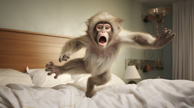 Playful Monkey Jumping on Bed Sheets Stock Illustration - Illustration ...