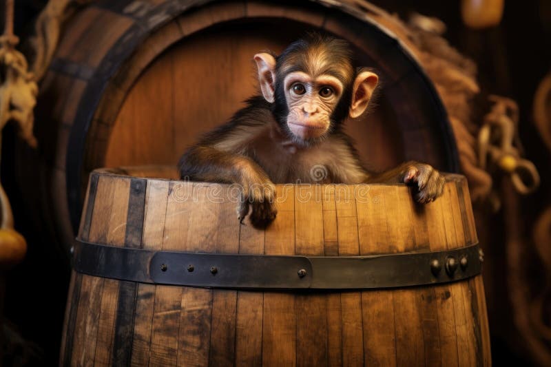 A Monkey in a Leather Jacket Sitting on an Old Wooden Barrel Stock ...