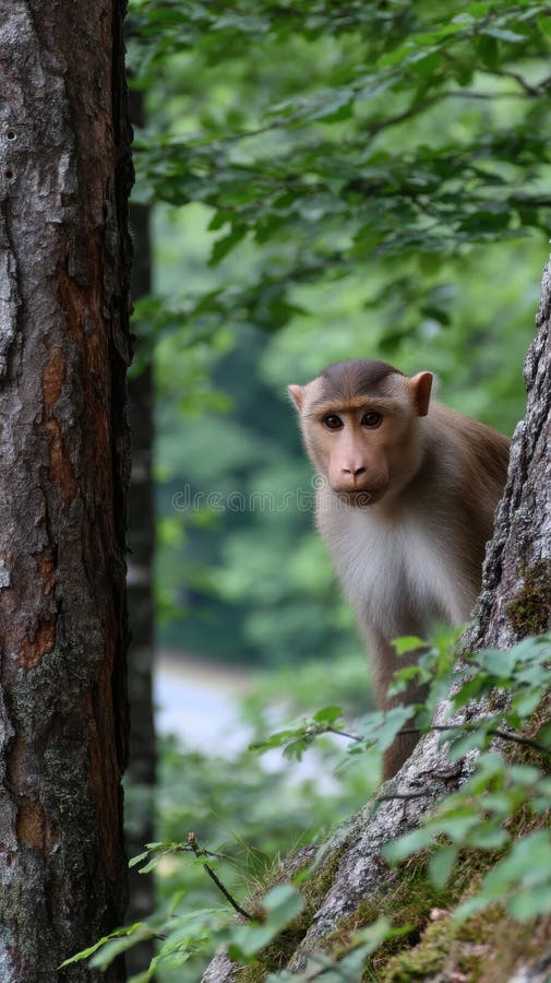 A Monkey, with Light Fur and Face, Peers Out from Behind a Tree Trunk ...