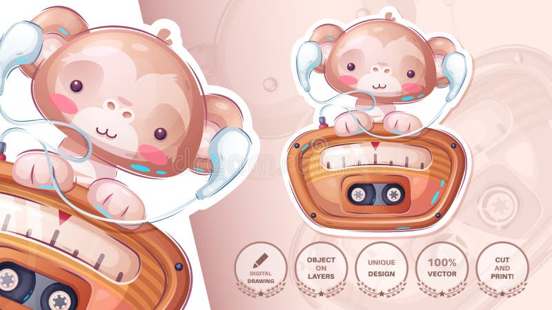 Monkey Listen Radio - Cute Sticker Stock Vector - Illustration of baby ...