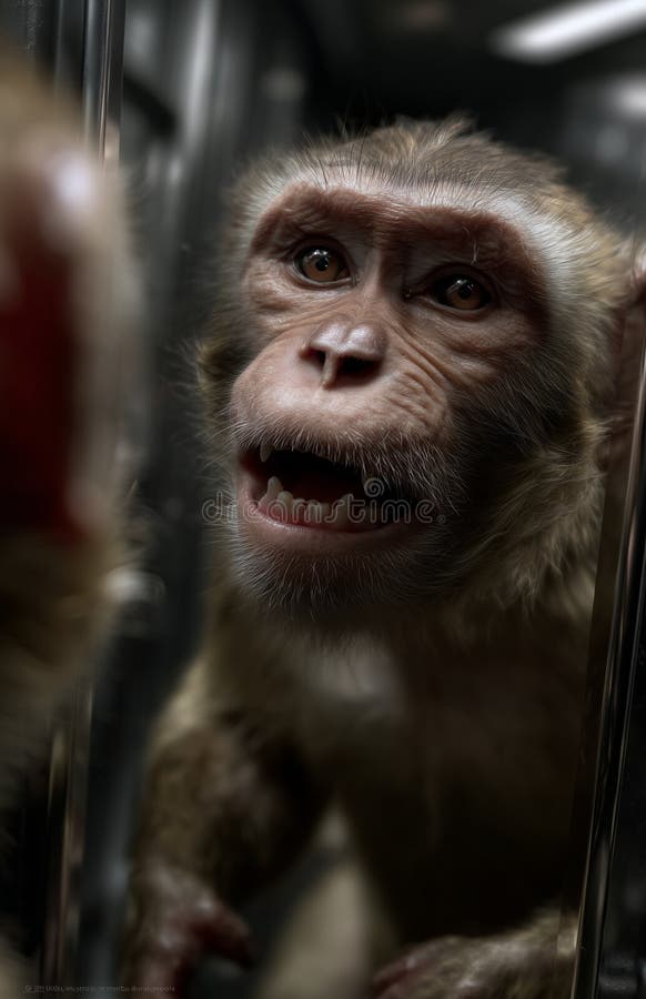 Monkey Making Faces at Its Reflection in a Mirror Inside a Cage Stock ...